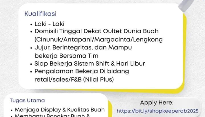 Lowongan Kerja Shopkeeper Dunia Buah Bandung 2025: Kesempatan Karir di ...
